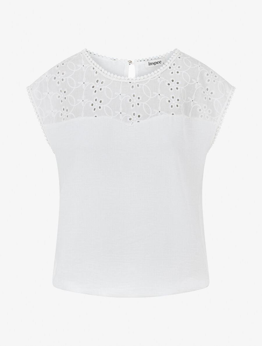 Top boule sans manches col en broderie anglaise - Blanc | Inspee