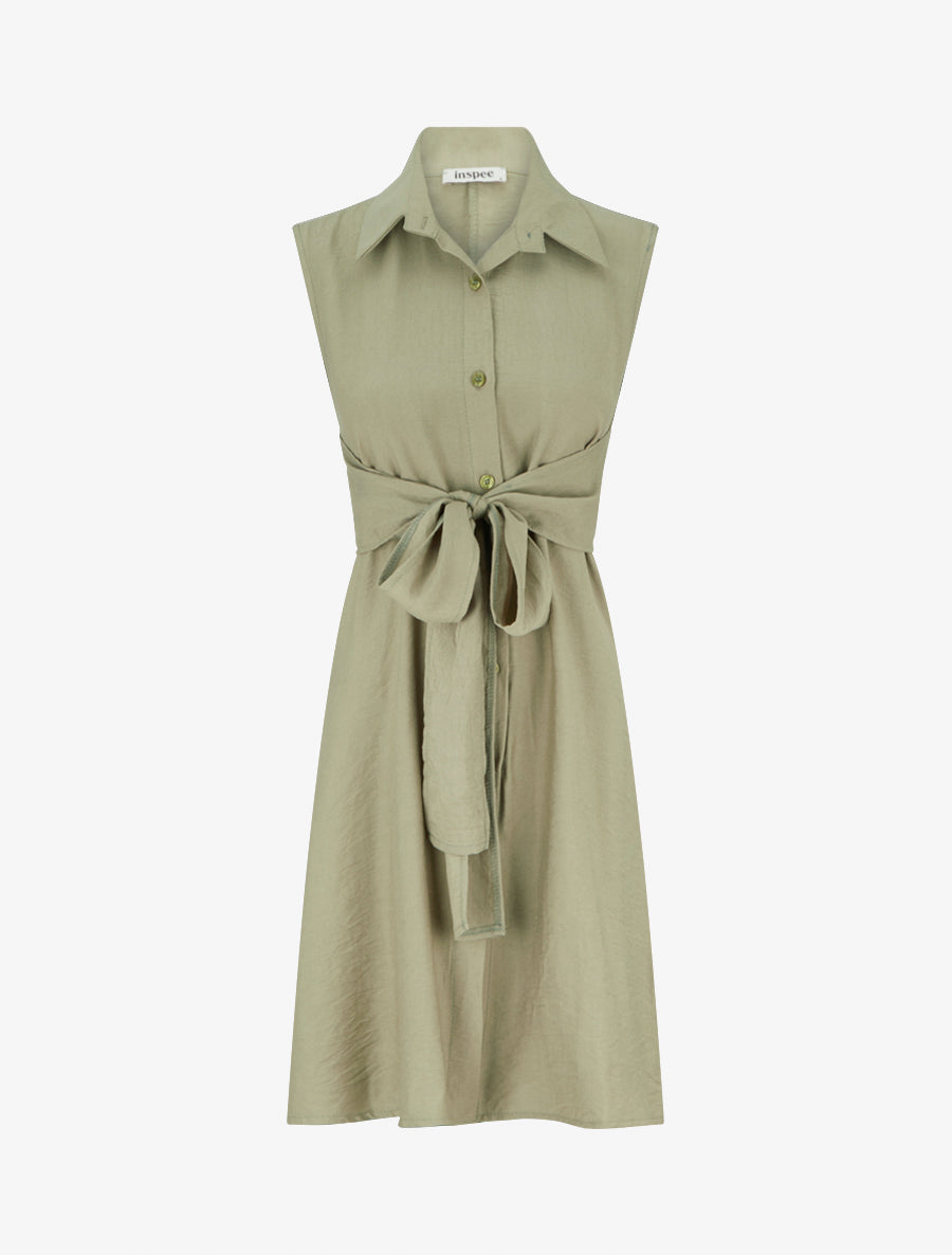 Robe chemise dos élastiqué à nouer - Vert olive | Inspee
