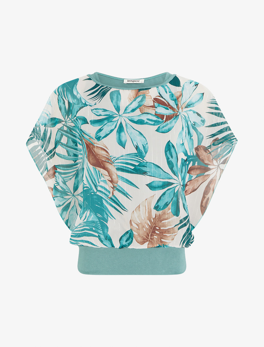 Top boule col rond imprimé tropical - Turquoise | Inspee