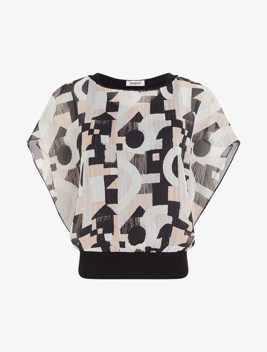 Top boule col rond voile imprimé - Noir | Inspee