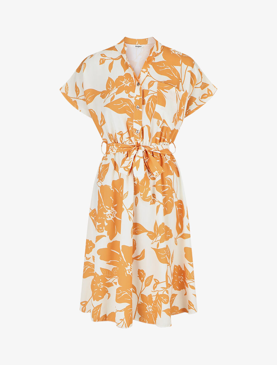 Robe longue élastiquée imprimé feuilles - Orange Inspee | Inspee