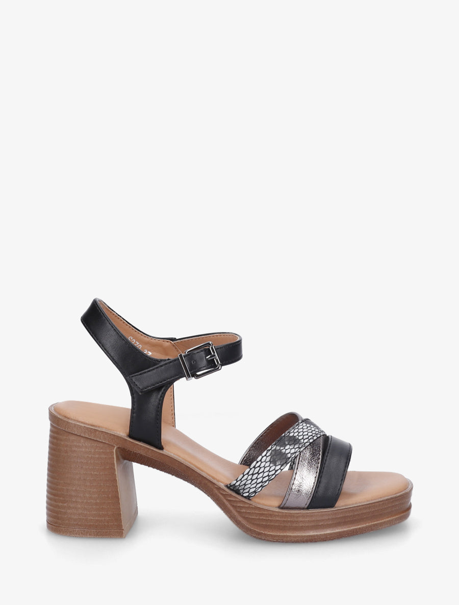 Sandales à talon et brides fantaisies python - Noir | Inspee