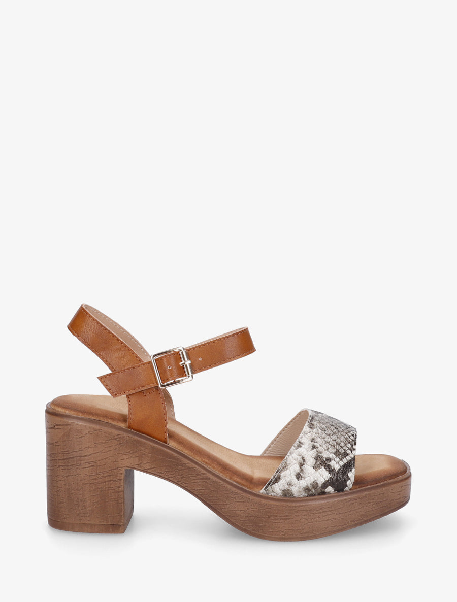 Sandales python à talon effet bois - Beige | Inspee
